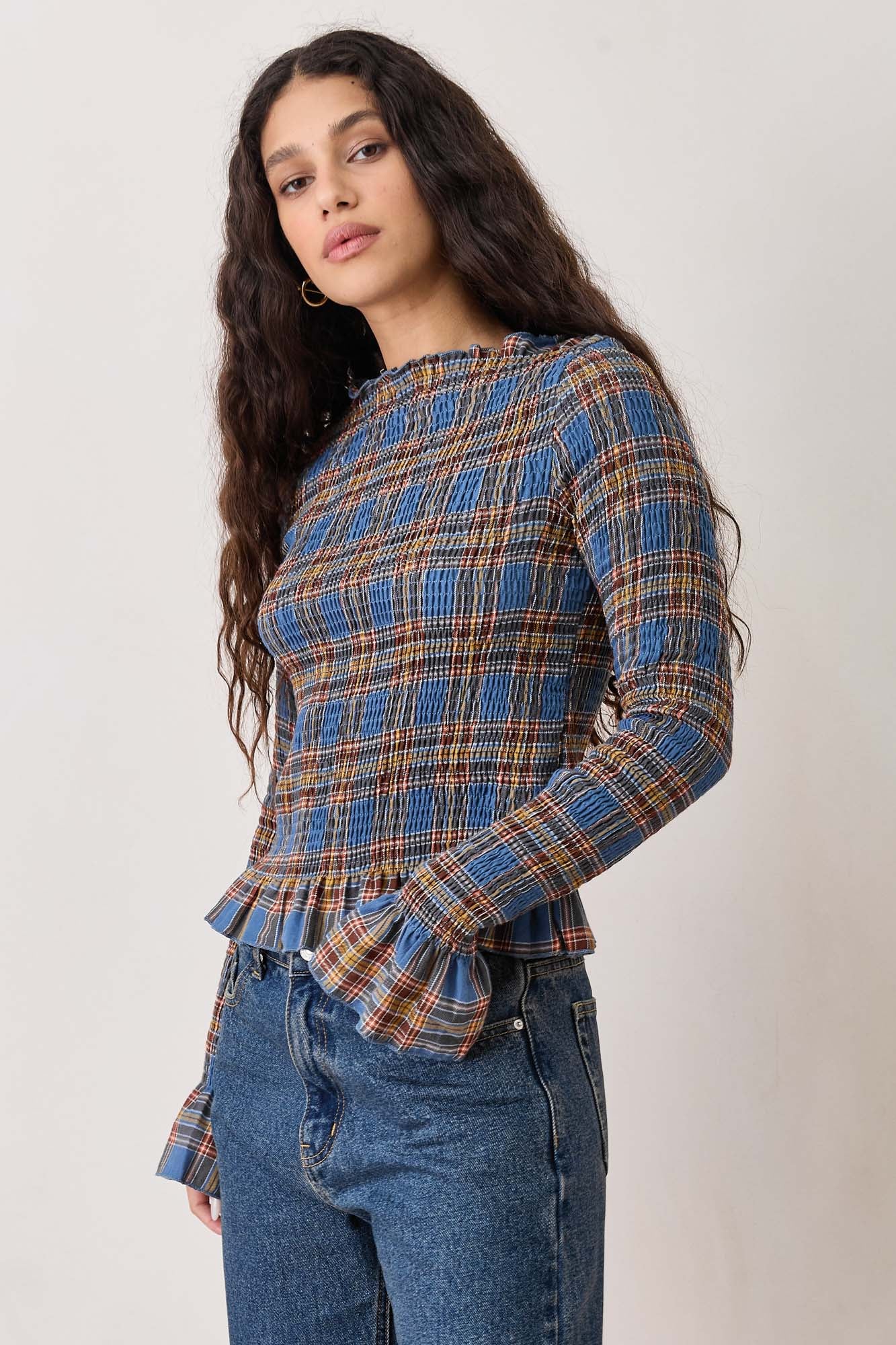 חולצת כיווצים אליוט הדפס משבצות | כחול – Miss Nori